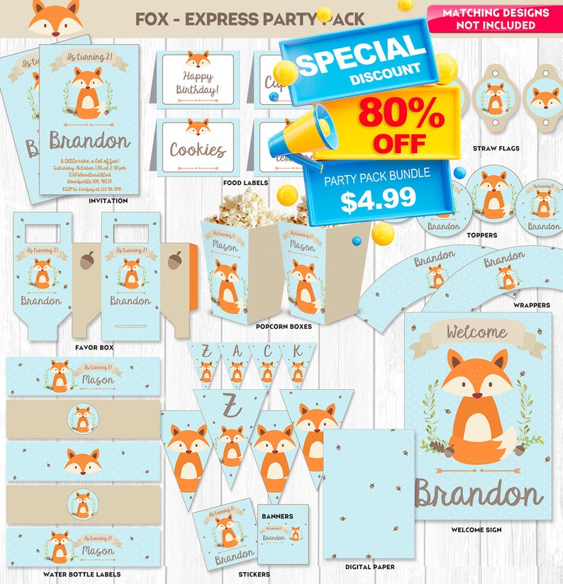 Fox Water Bottle Label Fox Party Package Fox Birthday Fox Baby Shower ...