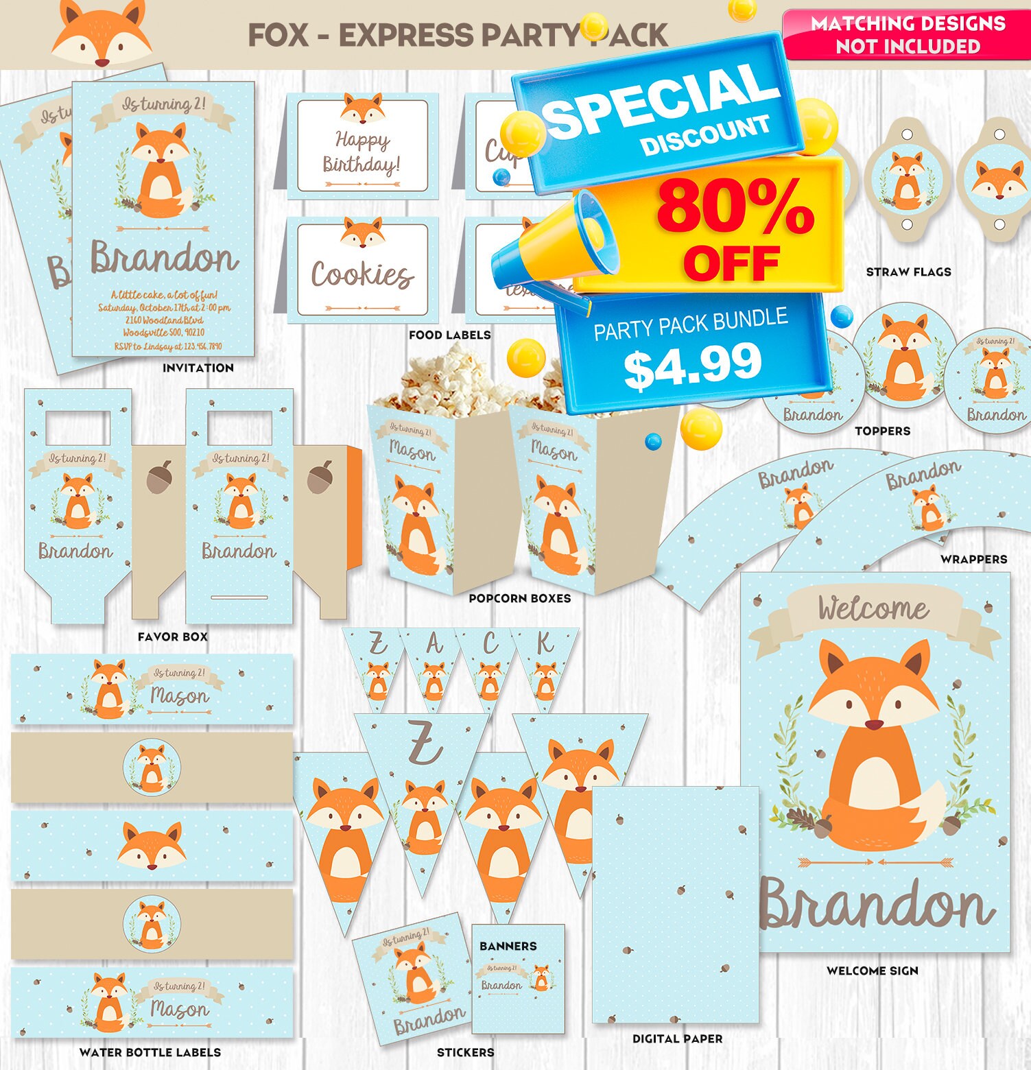 Fox Water Bottle Label Fox Party Package Fox Birthday Fox Baby Shower ...