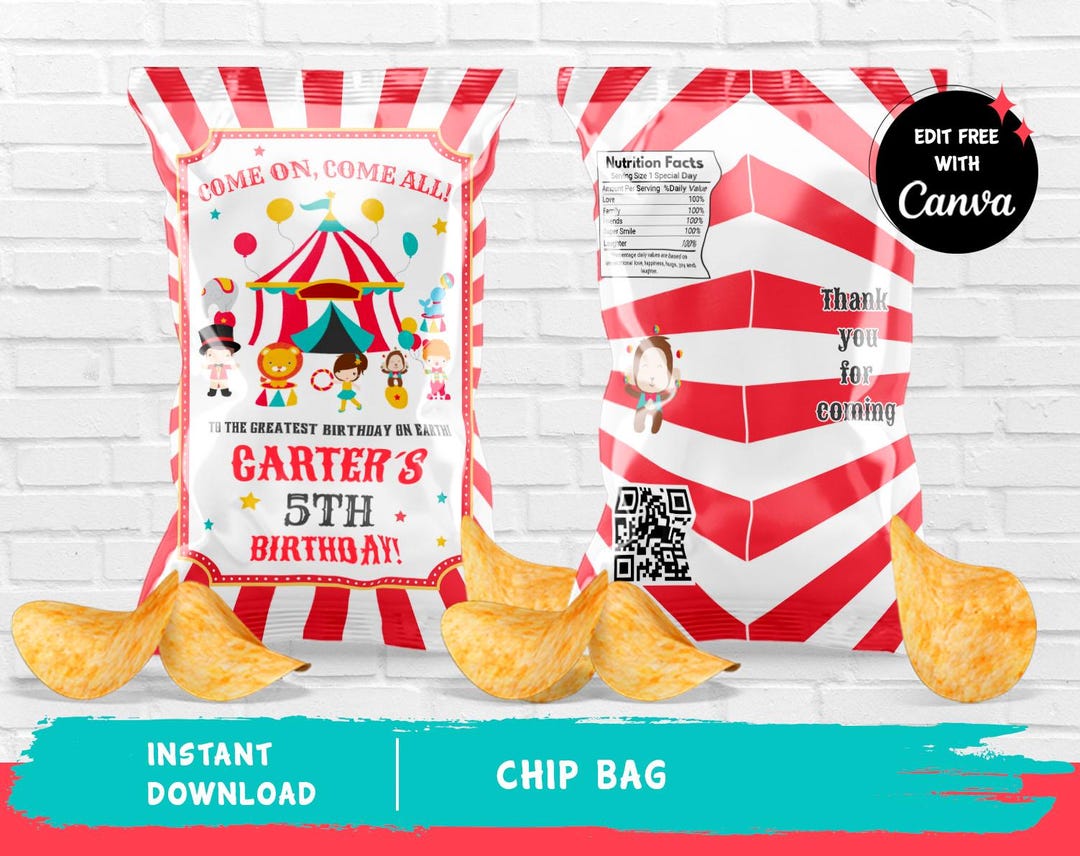 Circus Red Chip Bag Circus Potato Chips Circus Birthday Animals Chip ...