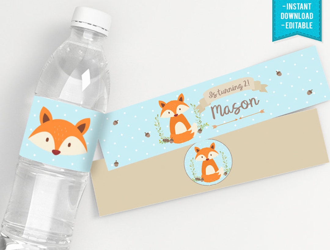 Fox Water Bottle Label Fox Party Package Fox Birthday Fox Baby Shower ...