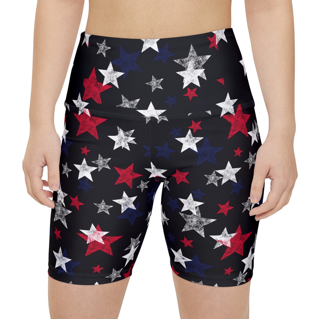 Shorts With Fun Stars Patriotic in Red White Blue, Womens Yoga Pilates ...