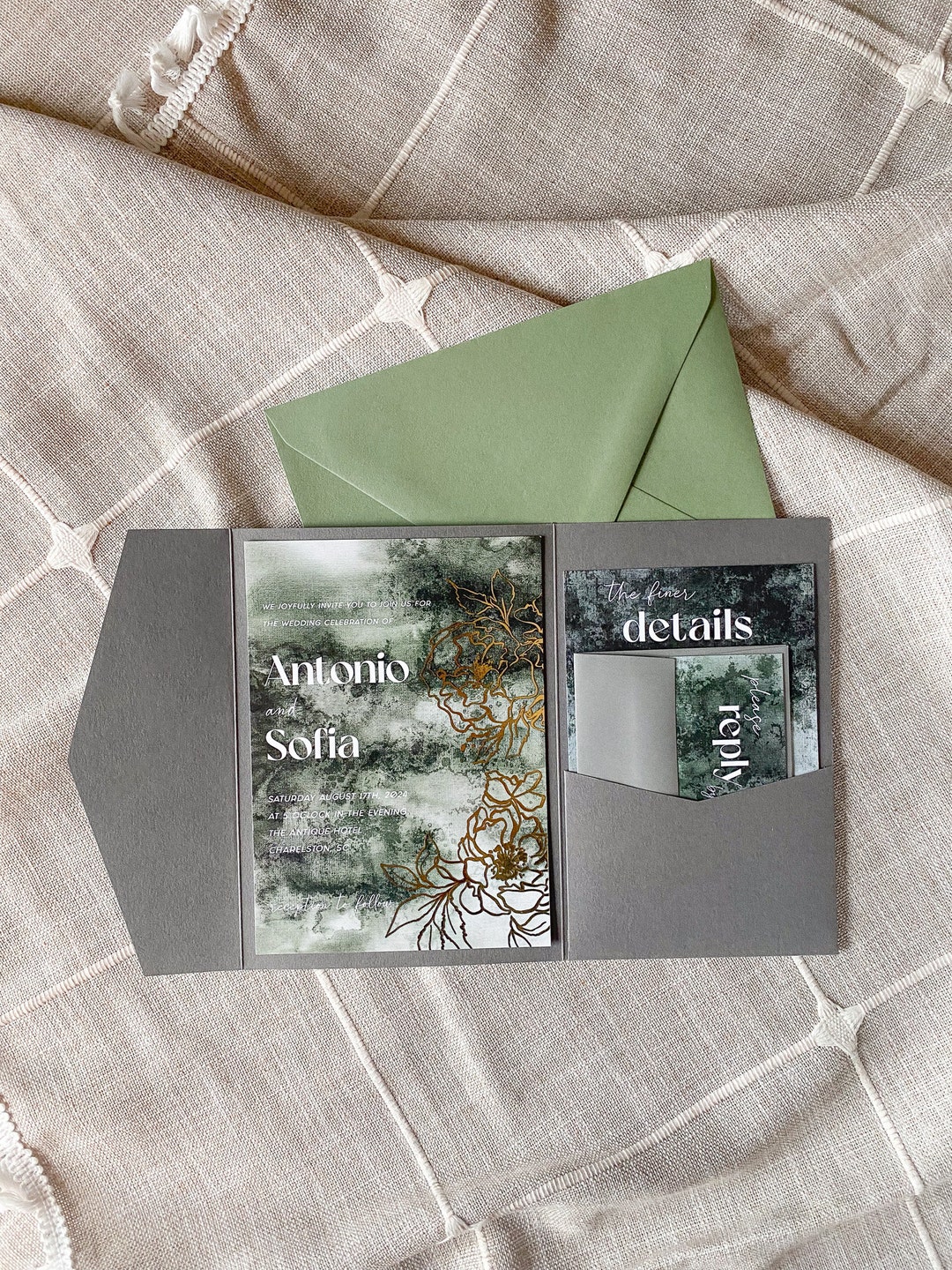 Floral Gold Foil Wedding Invites With Dark Grey Pocket Folder, Luxury ...