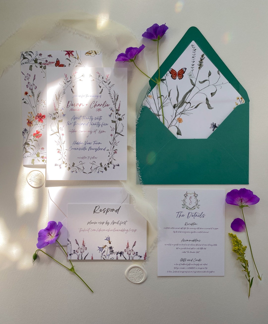 Wildflower Wedding Invitation Set, Hand Drawn Floral Wedding Invitation ...