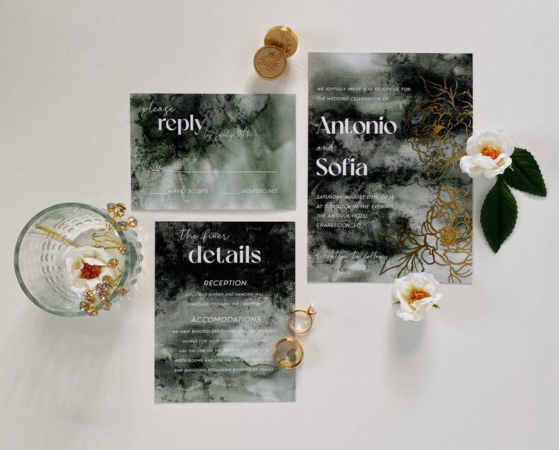 Floral Gold Foil Wedding Invites With Dark Grey Pocket Folder, Luxury ...