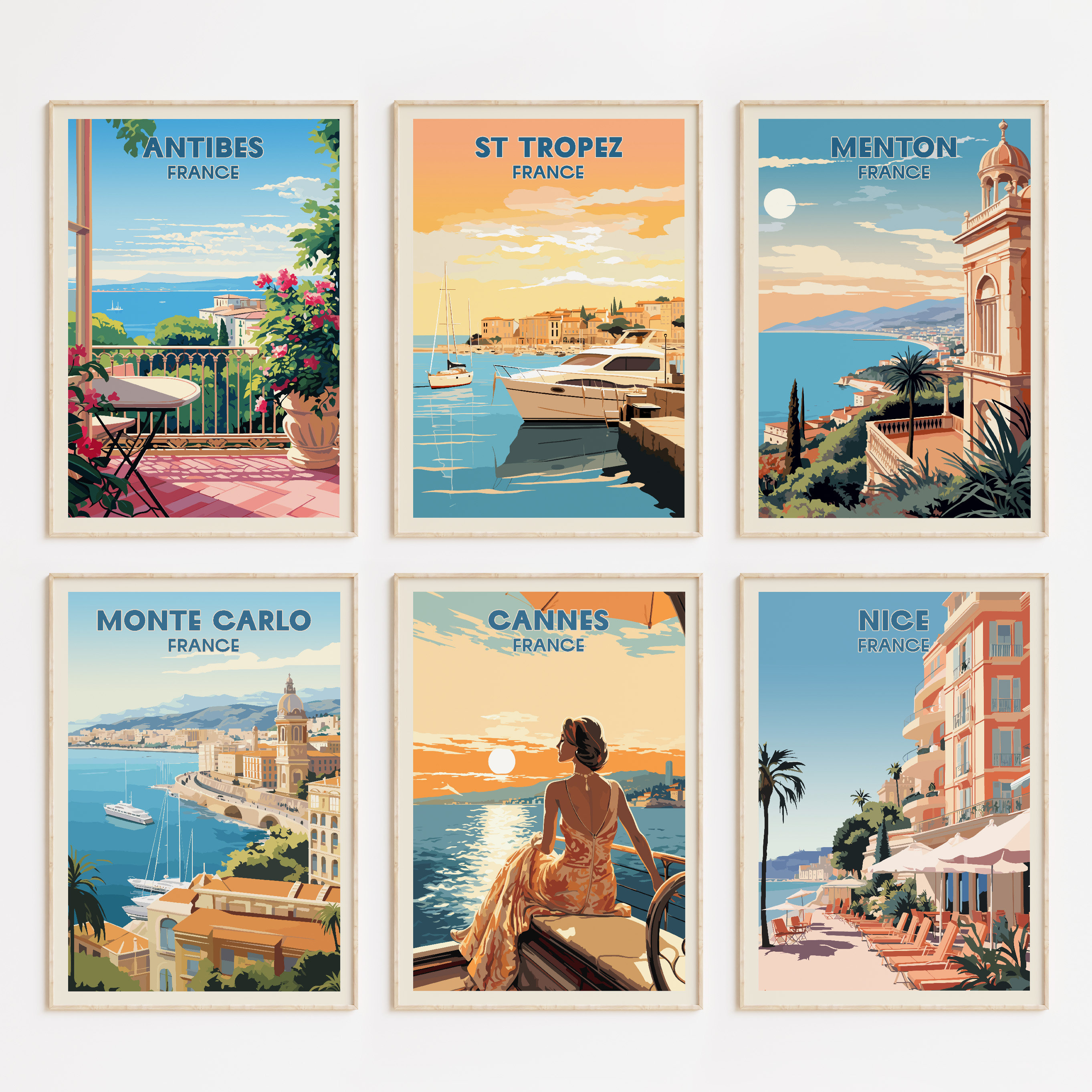 French Riviera Travel Poster Set SET OF 6 Antibes, Cannes, Menton, Monte Carlo, Nice, St Tropez ...
