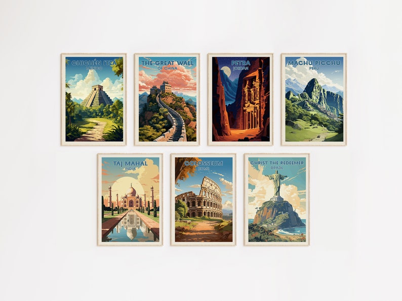 7 Wonders of the World Poster - Petra, Taj Mahal, Colosseum, Chichén ...