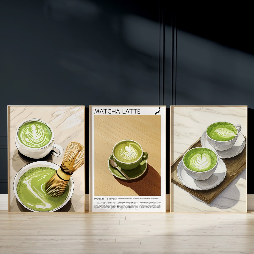 Matcha Latte Poster - SET OF 3 - Matcha Poster, Kitchen Wall Art, Retro ...