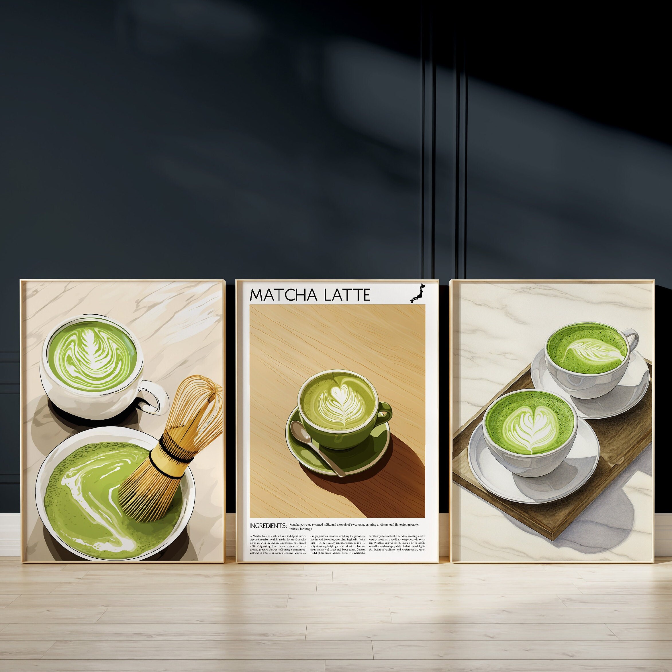 Matcha Latte Poster - SET OF 3 - Matcha Poster, Kitchen Wall Art, Retro ...