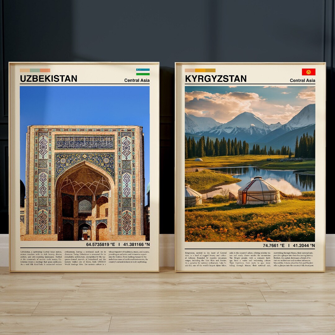 Uzbekistan and Kyrgyzstan - Central Asia Travel Poster - SET OF 2 ...