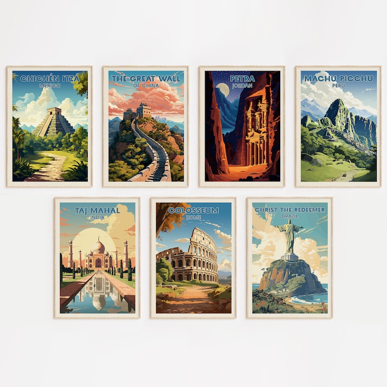 7 Wonders of the World Poster - Petra, Taj Mahal, Colosseum, Chichén ...