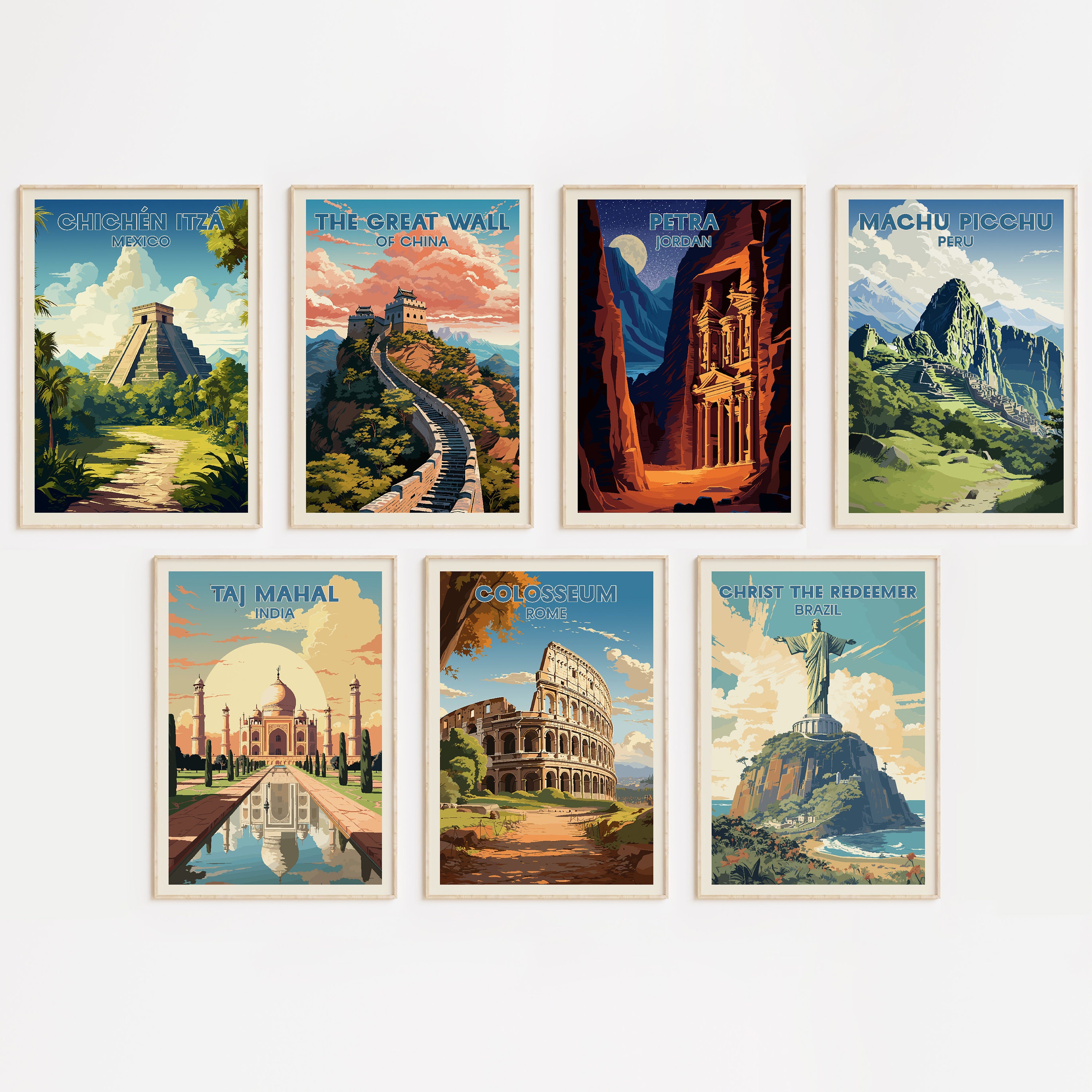 7 Wonders of the World Poster - Petra, Taj Mahal, Colosseum, Chichén ...