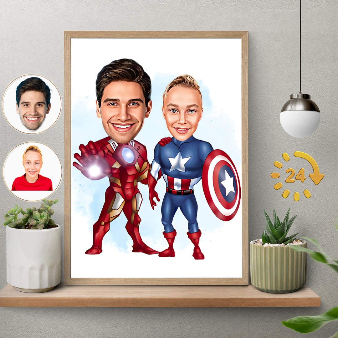 Custom Super Dad and Son Cartoon Portrait, Super Dad Portrait, Dad's ...