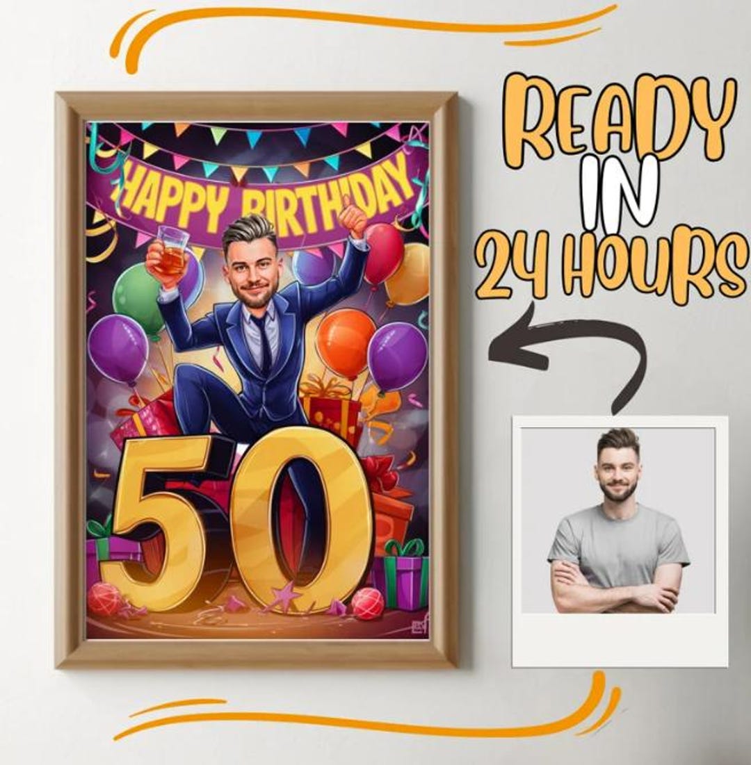 50th Birthday Caricature for Him Custom Birthday Gift Cartoon Portrait ...