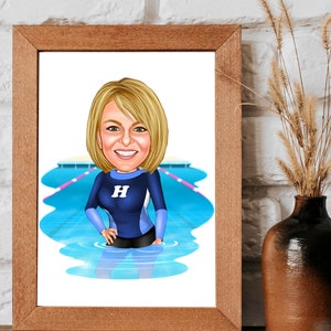 Custom Swimming Coach Cartoon Portrait, Swimming Coach Caricature, Gift ...