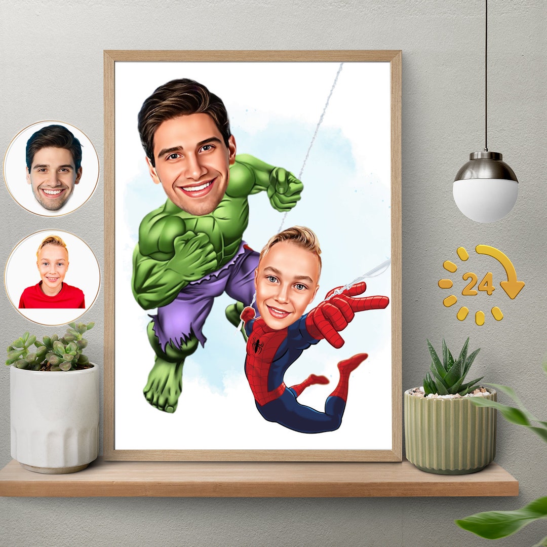 Custom Super Dad and Son Cartoon Portrait, Super Dad Portrait, Dad's ...