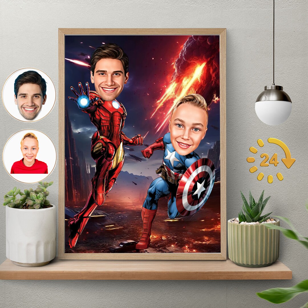 Custom Super Dad and Son Cartoon Portrait, Super Dad Portrait, Dad's ...