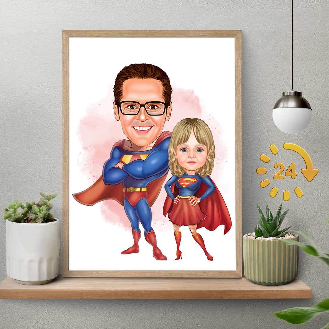 Custom Super Dad and Daughter Cartoon Portrait, Super Dad Portrait, Dad ...