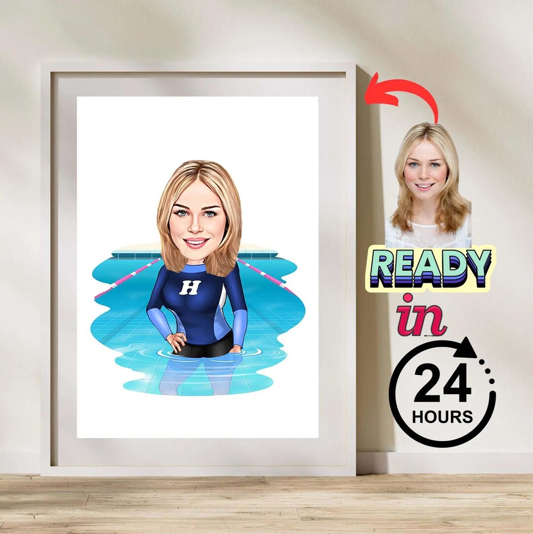Custom Swimming Coach Cartoon Portrait, Swimming Coach Caricature, Gift ...