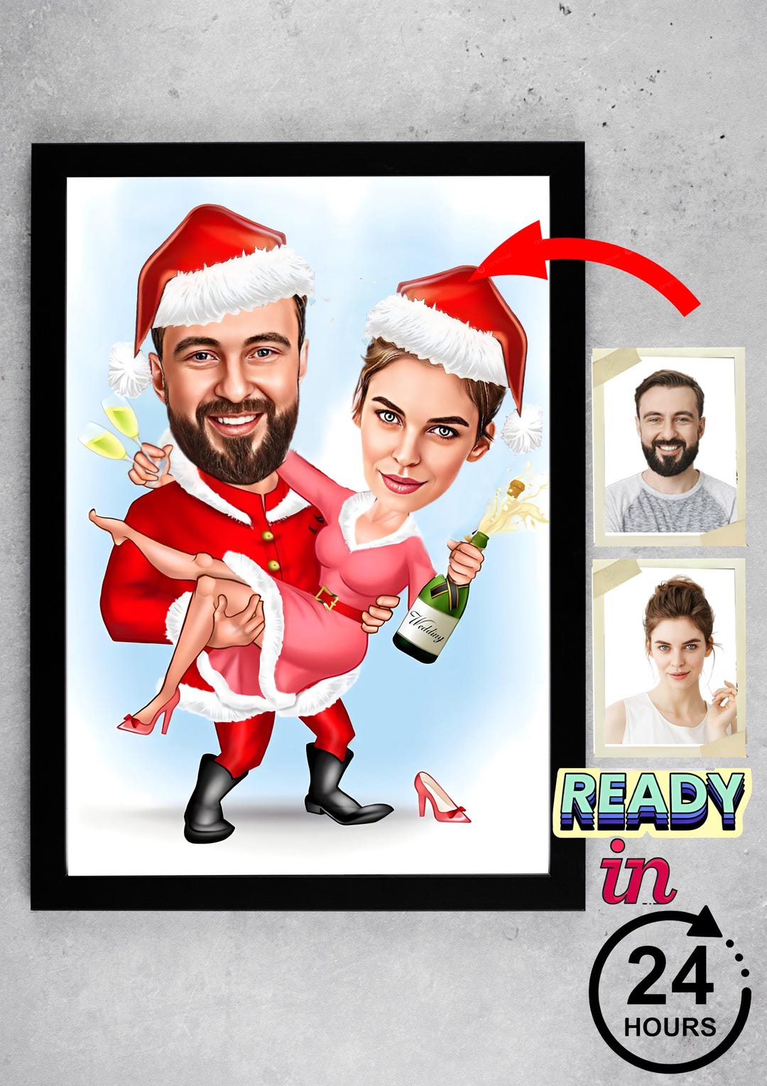 Merry Christmas Couple Caricature, Custom Xmas Cartoon Portrait, Xmas ...