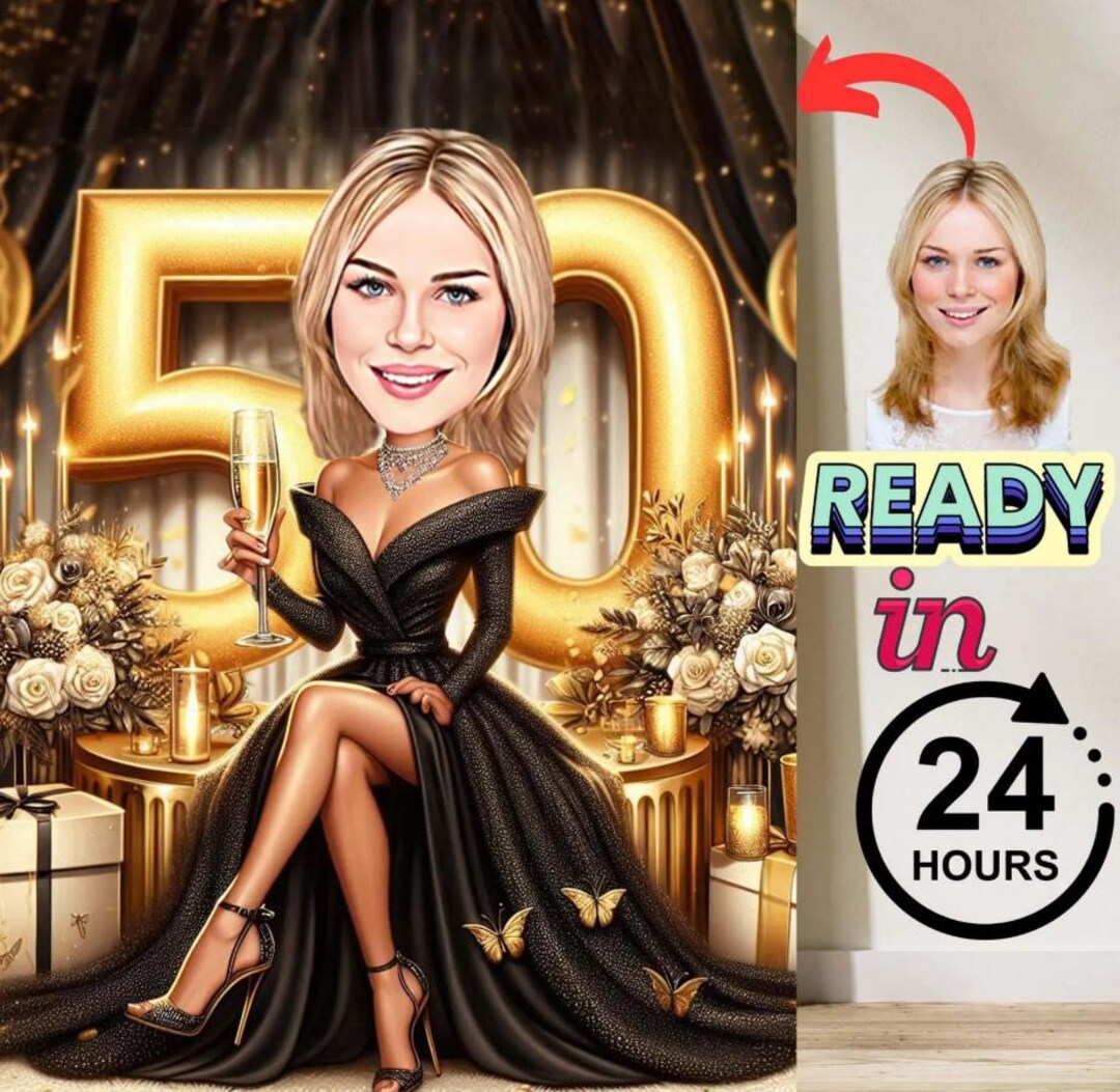 Custom 50th Cartoon Portrait | 50th Caricature | Personalized Happy ...