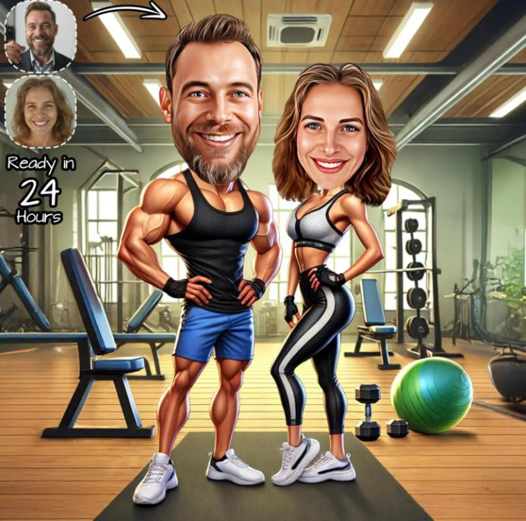 Custom Fitness Couple Cartoon Portrait | Personal Trainers Caricature ...