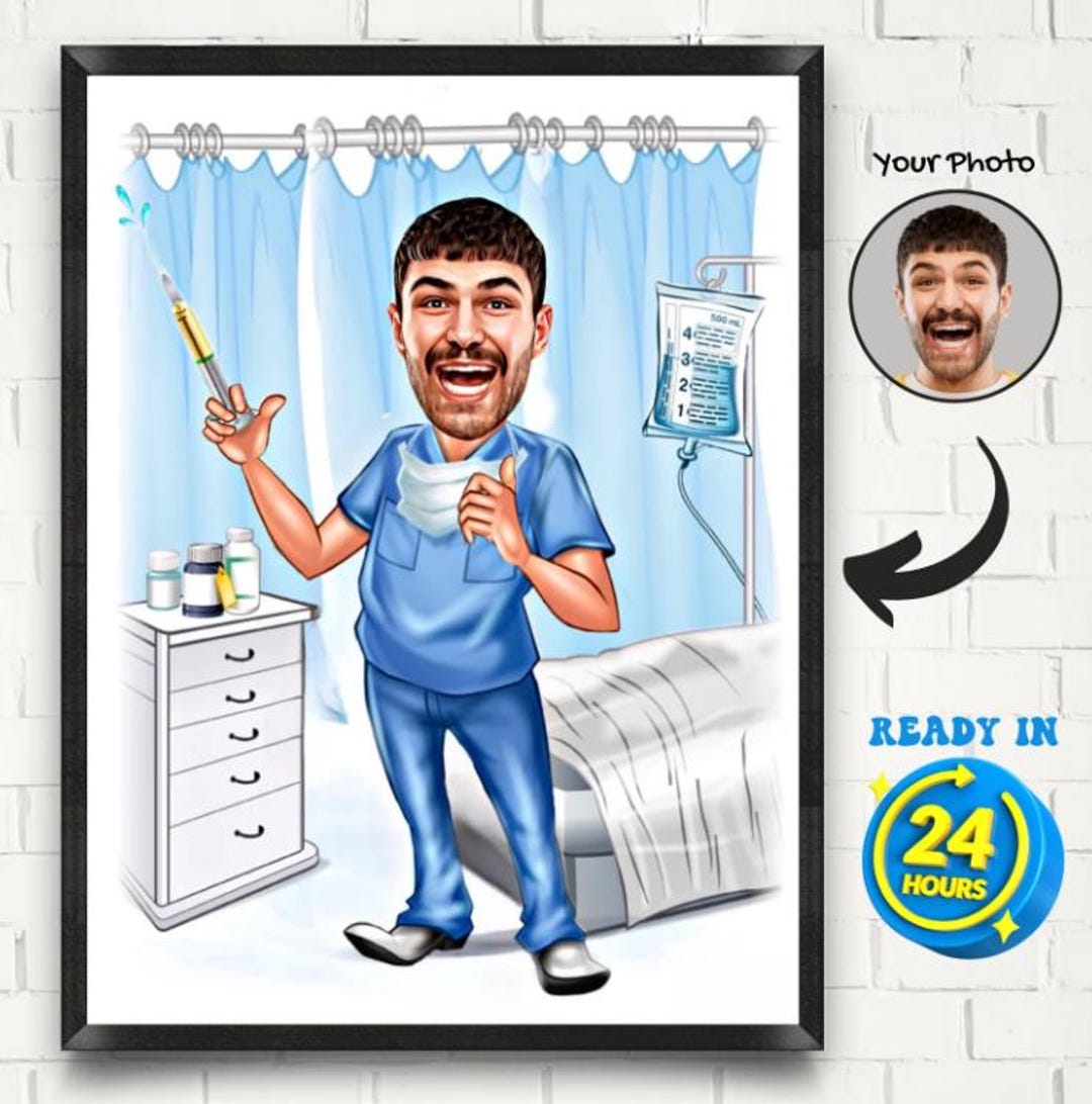 Personalized Male Nurse Cartoon Portrait, Custom Nurse Cartoon Drawing ...