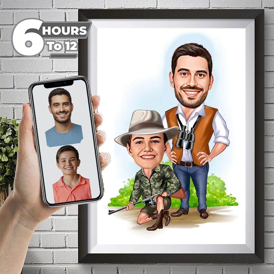 Personalized Hunter Cartoon Portrait, Custom Hunter Caricature Drawing ...