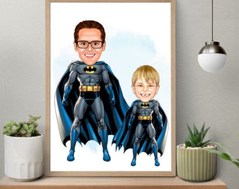 Custom Super Dad and Son Cartoon Portrait, Super Dad Portrait, Dad's ...