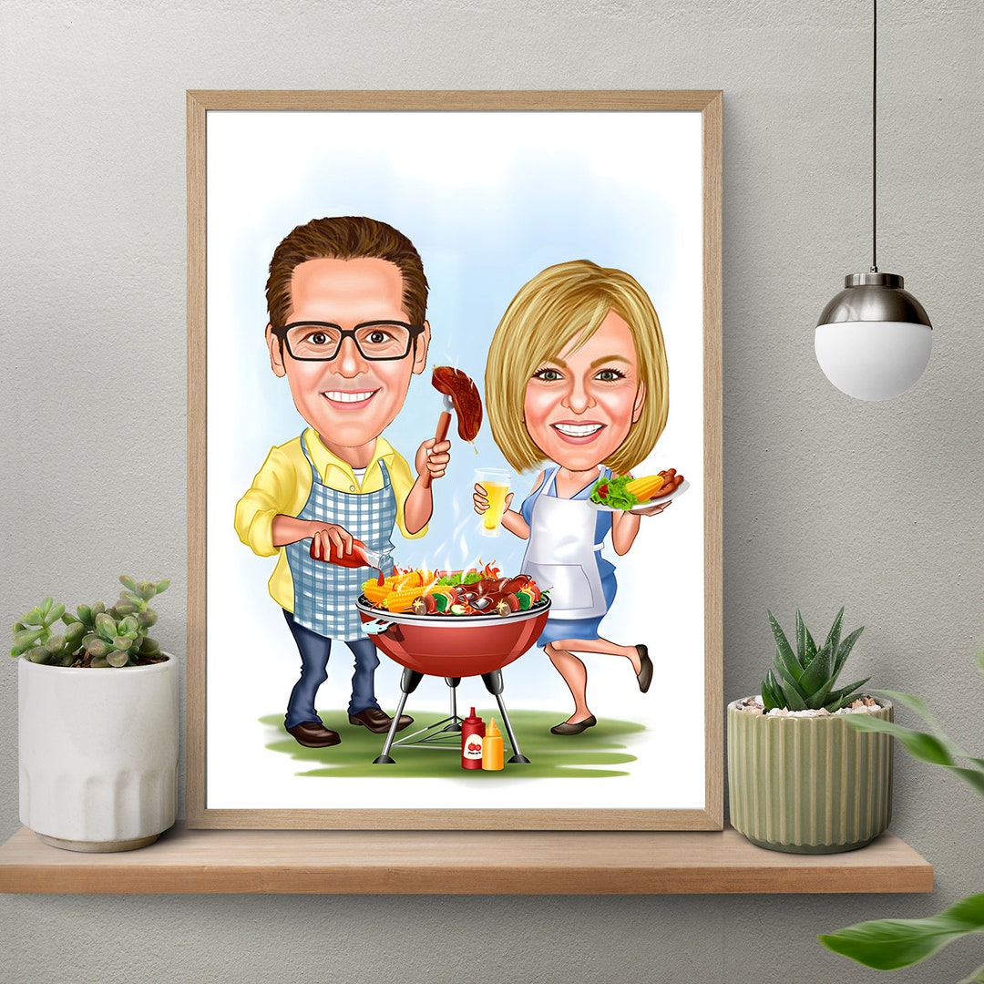 Custom BBQ Couple Cartoon Portrait, BBQ Couple Portrait, Gift for BBQ ...