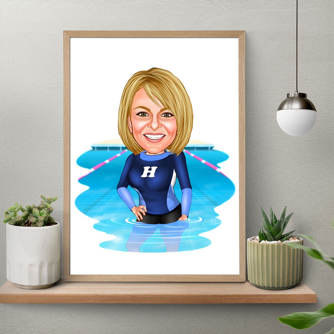 Custom Swimming Coach Cartoon Portrait, Swimming Coach Caricature, Gift ...