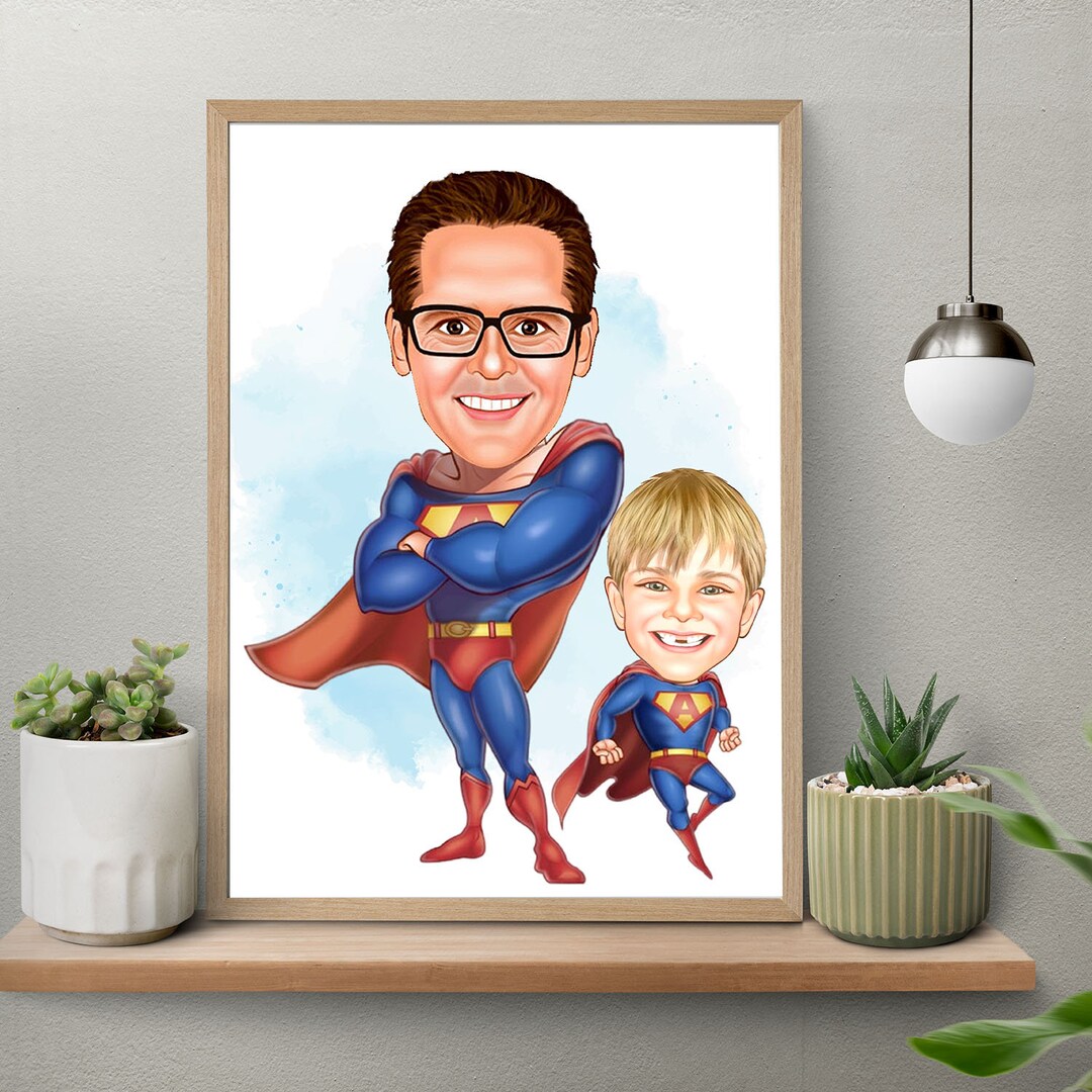 Custom Super Dad and Son Cartoon Portrait, Super Dad Portrait, Dad's ...