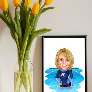 Custom Swimming Coach Cartoon Portrait, Swimming Coach Caricature, Gift ...