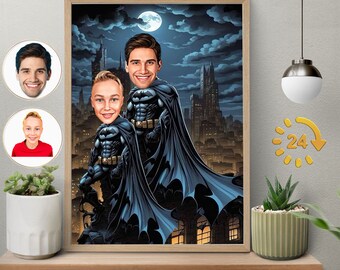 Custom Super Dad and Son Cartoon Portrait, Super Dad Portrait, Dad's ...