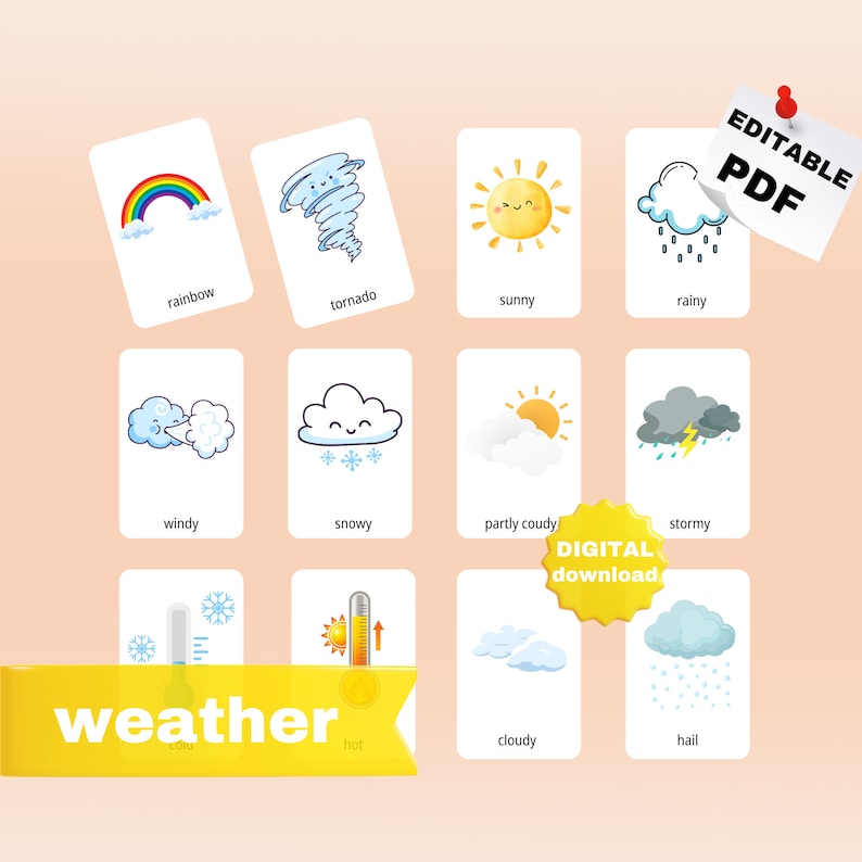 15 WEATHER Cards / Montessori Flashcards / Preschool Cards / Printable ...