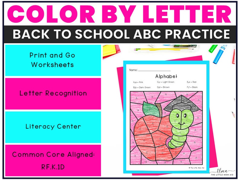 Back to School Color by Letter - Alphabet Coloring Pages - Etsy