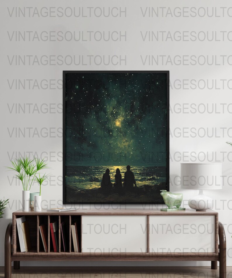 Vintage Starry Night Beach Wall Art, Night Sky Ocean Print, Night ...