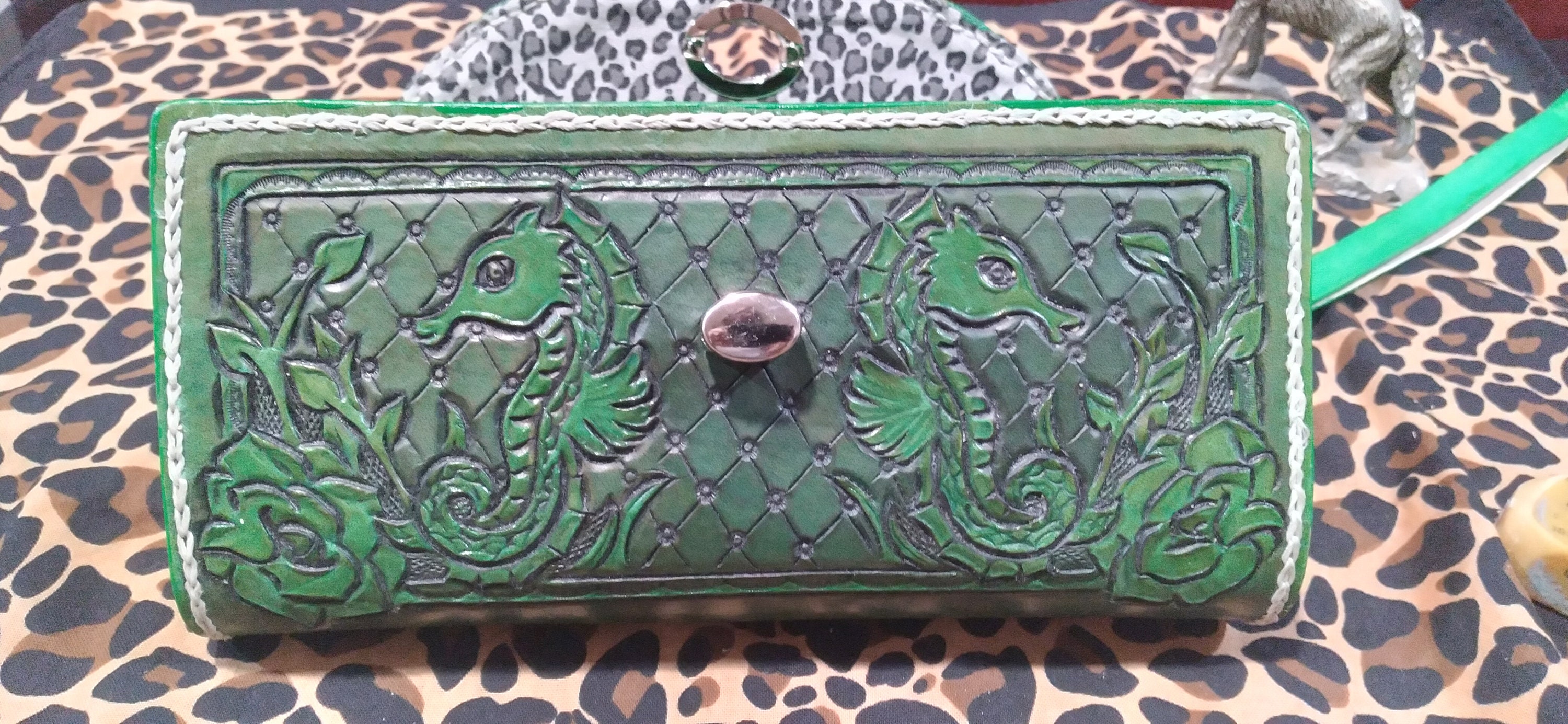 Ladies Genuine Hand Tooled Leather Green Octopus /twin Seahorse/ Flower ...