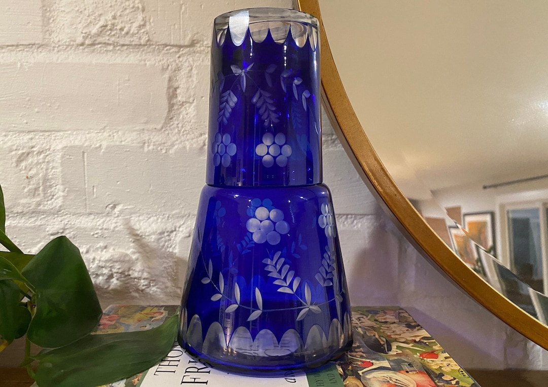 Vintage Cobalt Blue Bedside Water Carafe With Water Glass. Cut Glass ...