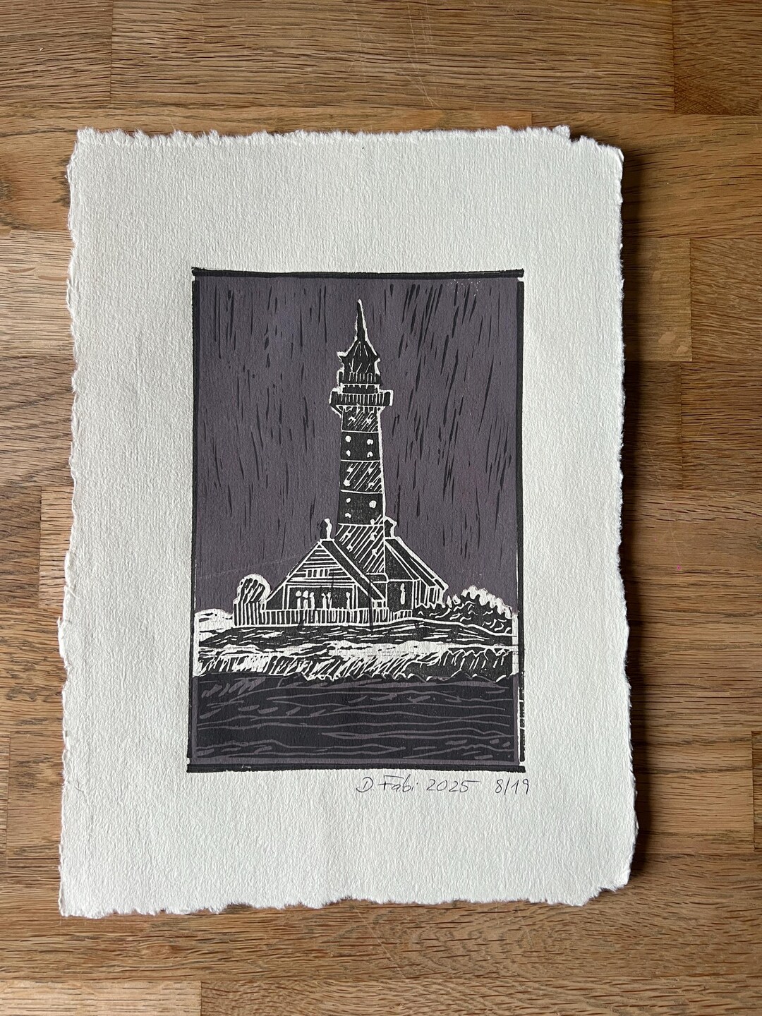 Two-color Linocut Print of a Purple Lighthouse on Beautiful Paper ...