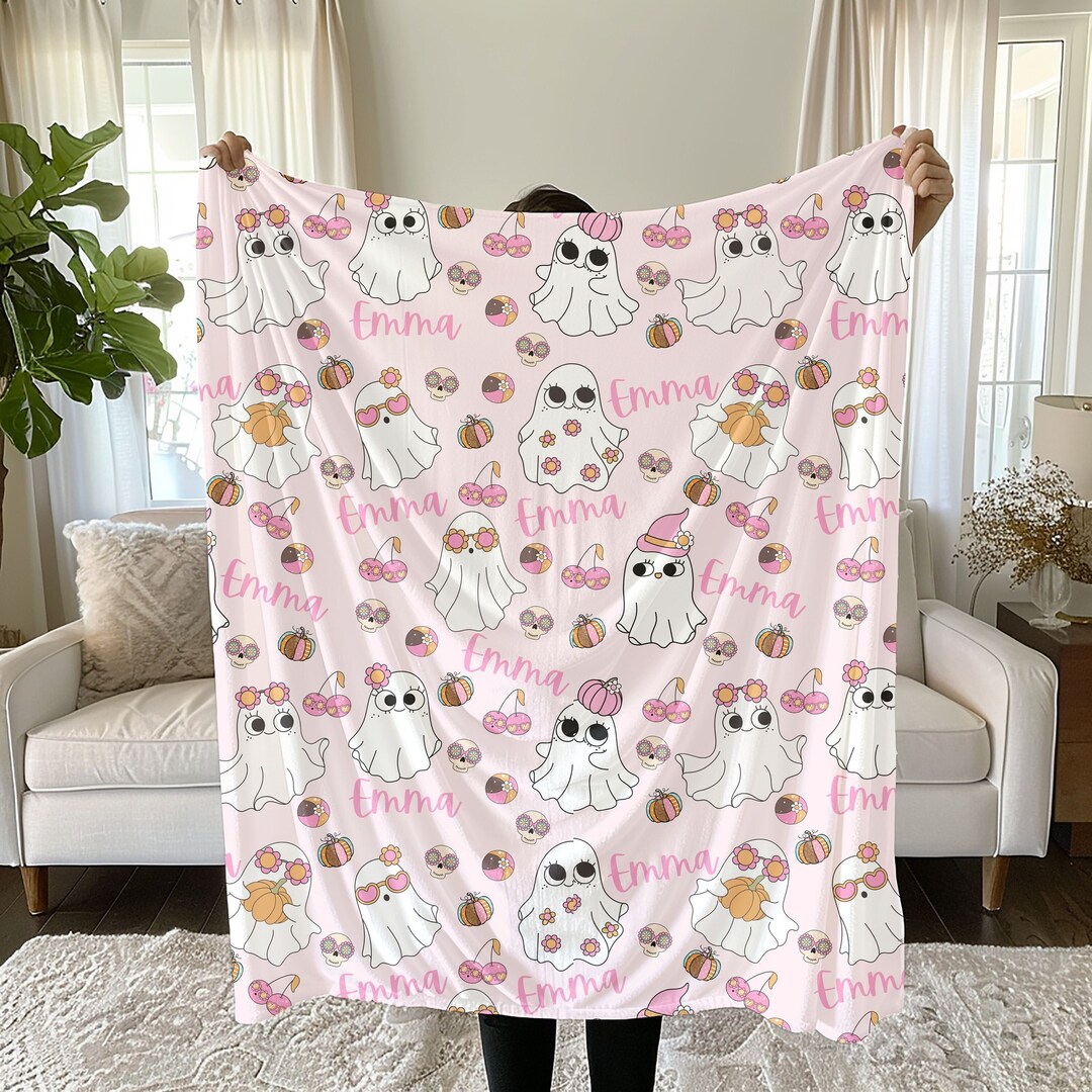 Custom Pink Groovy Cute Ghost Blanket, Personalized October Fall Pink ...