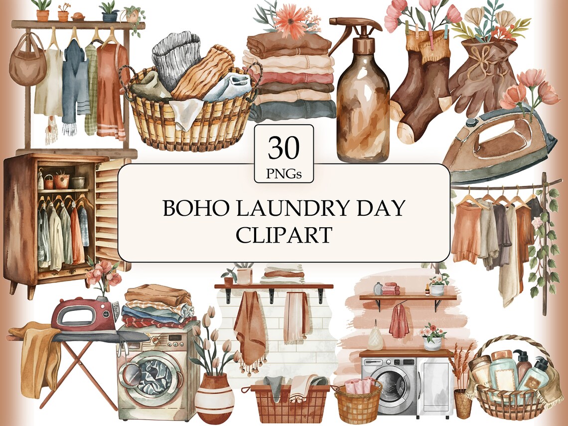 Watercolor Laundry Day Clipart, Boho Laundry Bundle, Scrapbooking, Cozy ...