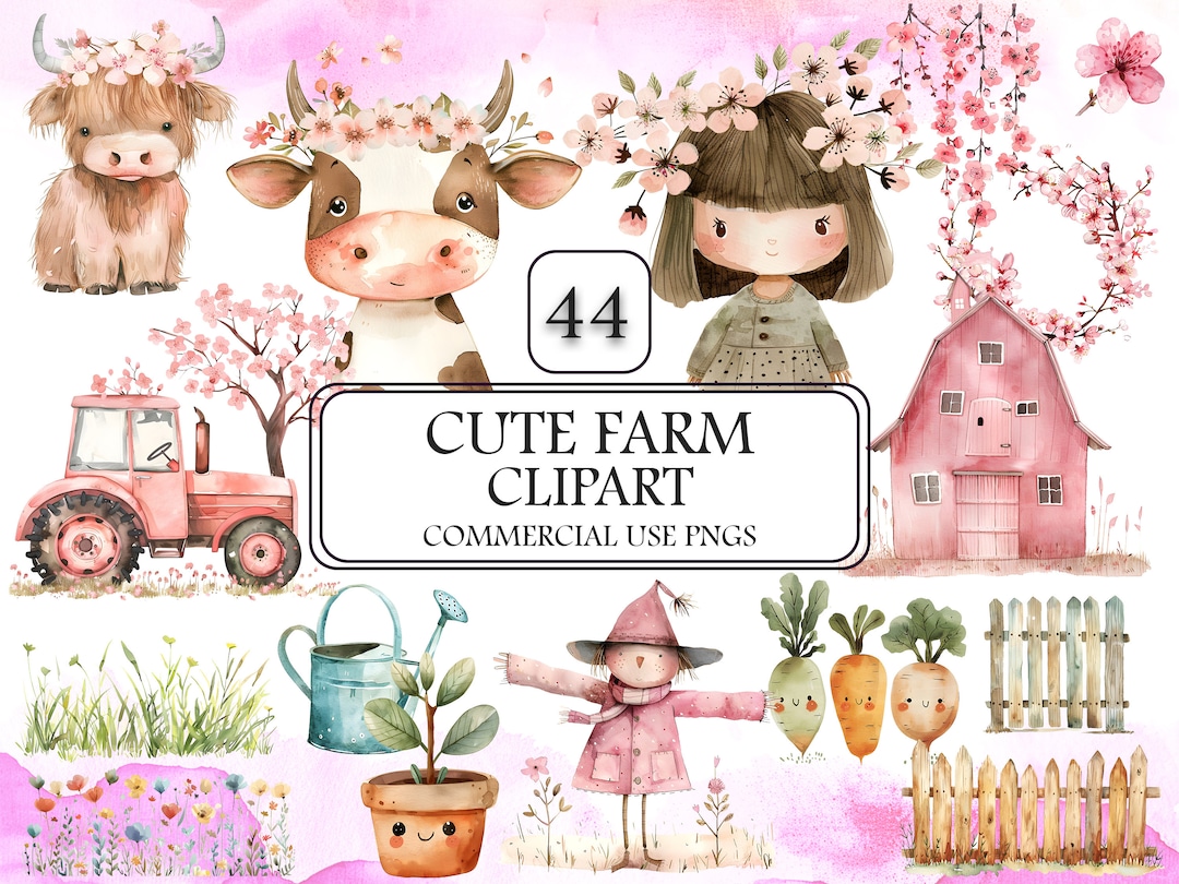 Cute Farm Clipart, Floral Animal Graphics, Chery Blossom, Kawaii ...