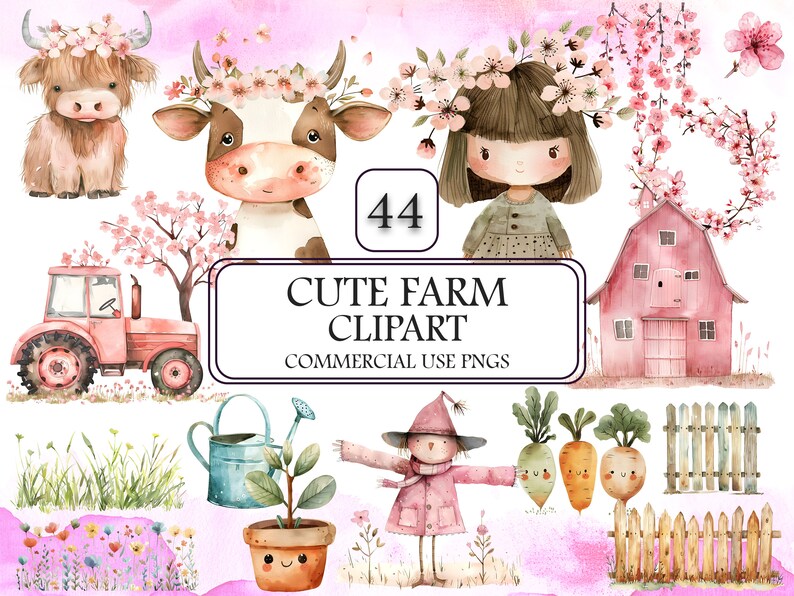 Cute Farm Clipart, Floral Animal Graphics, Chery Blossom, Kawaii ...