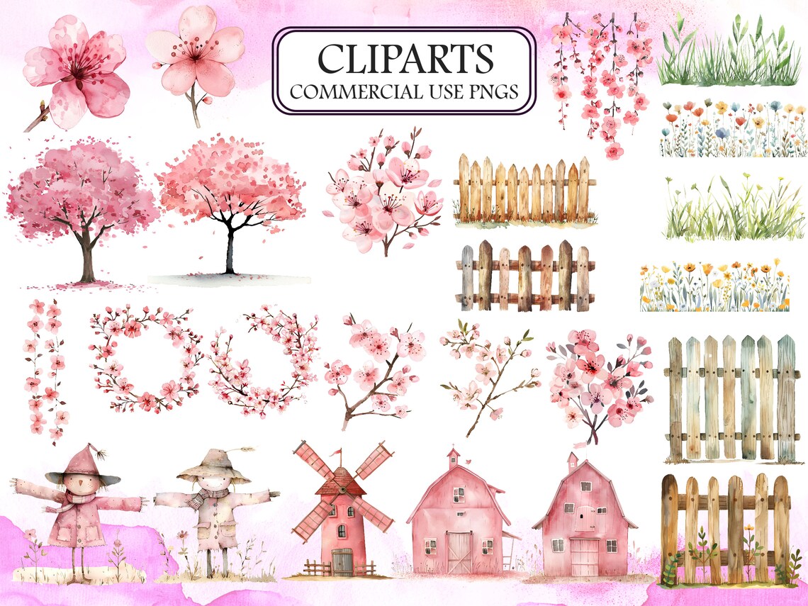 Cute Farm Clipart, Floral Animal Graphics, Chery Blossom, Kawaii ...