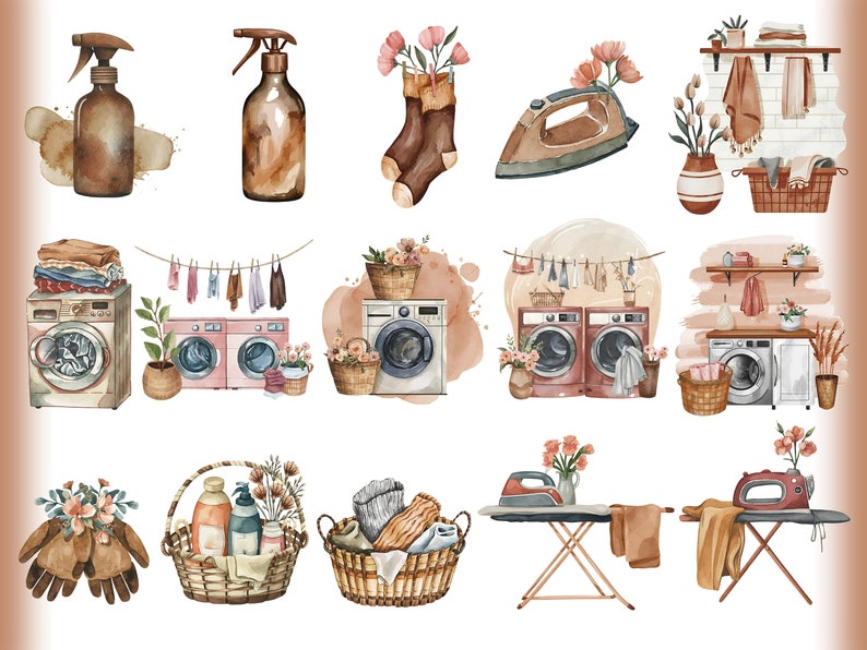 Watercolor Laundry Day Clipart, Boho Laundry Bundle, Scrapbooking, Cozy ...