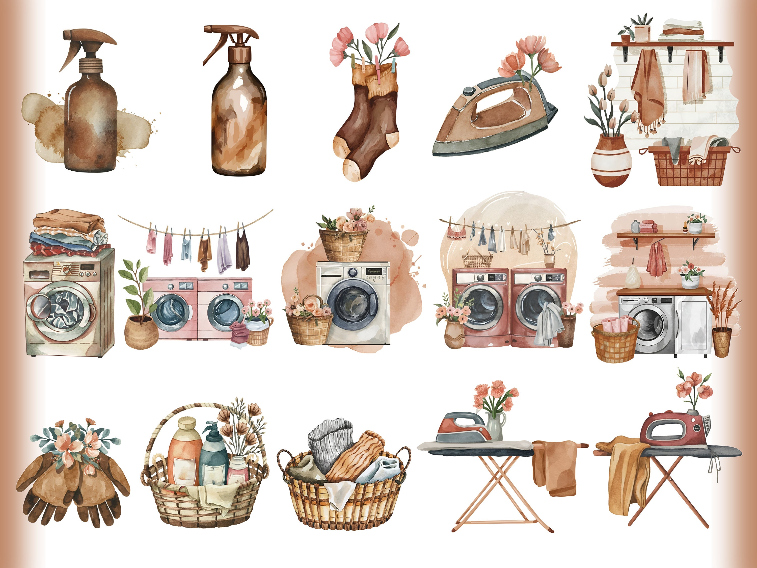 Watercolor Laundry Day Clipart, Boho Laundry Bundle, Scrapbooking, Cozy ...