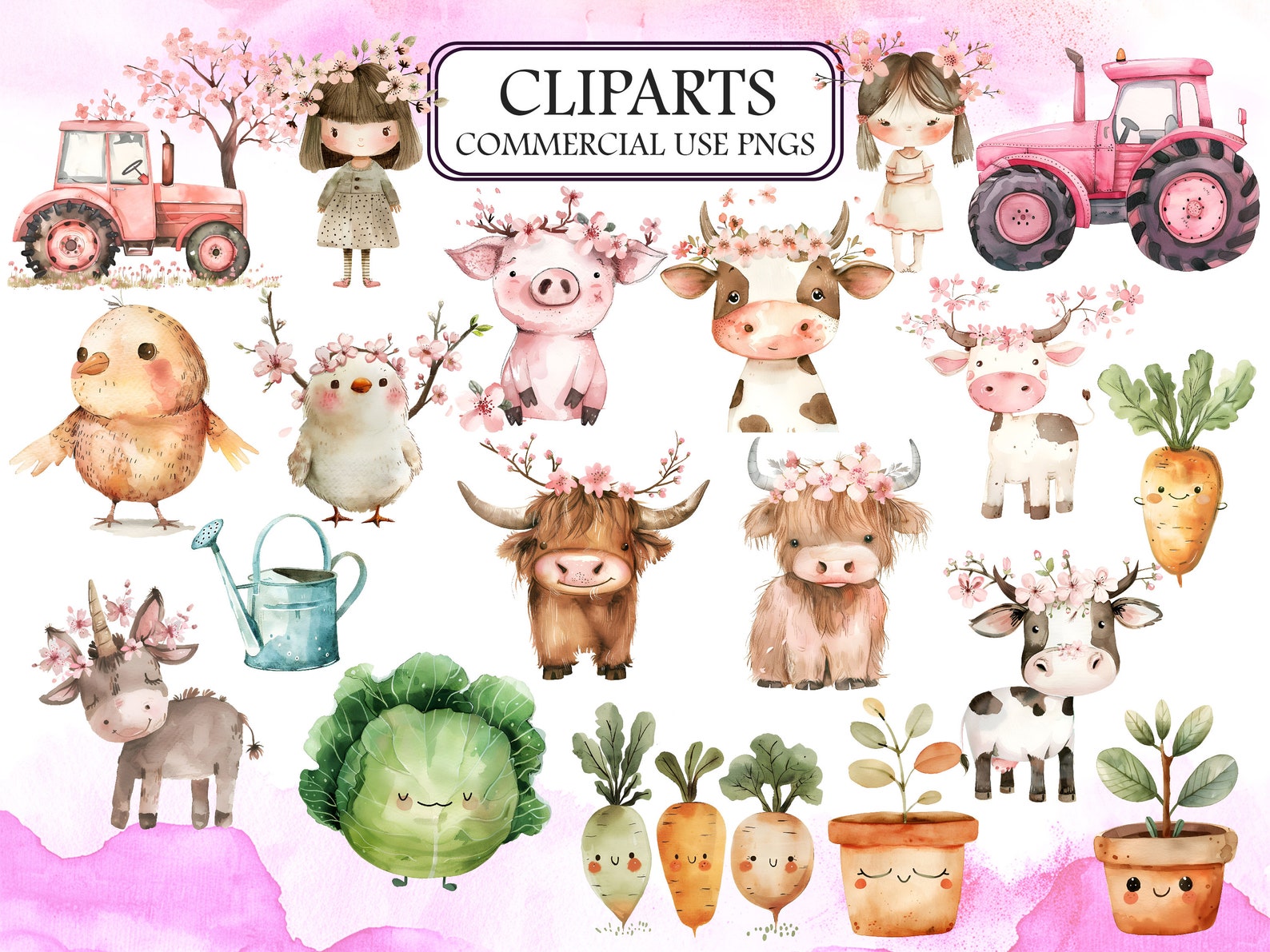 Cute Farm Clipart, Floral Animal Graphics, Chery Blossom, Kawaii ...