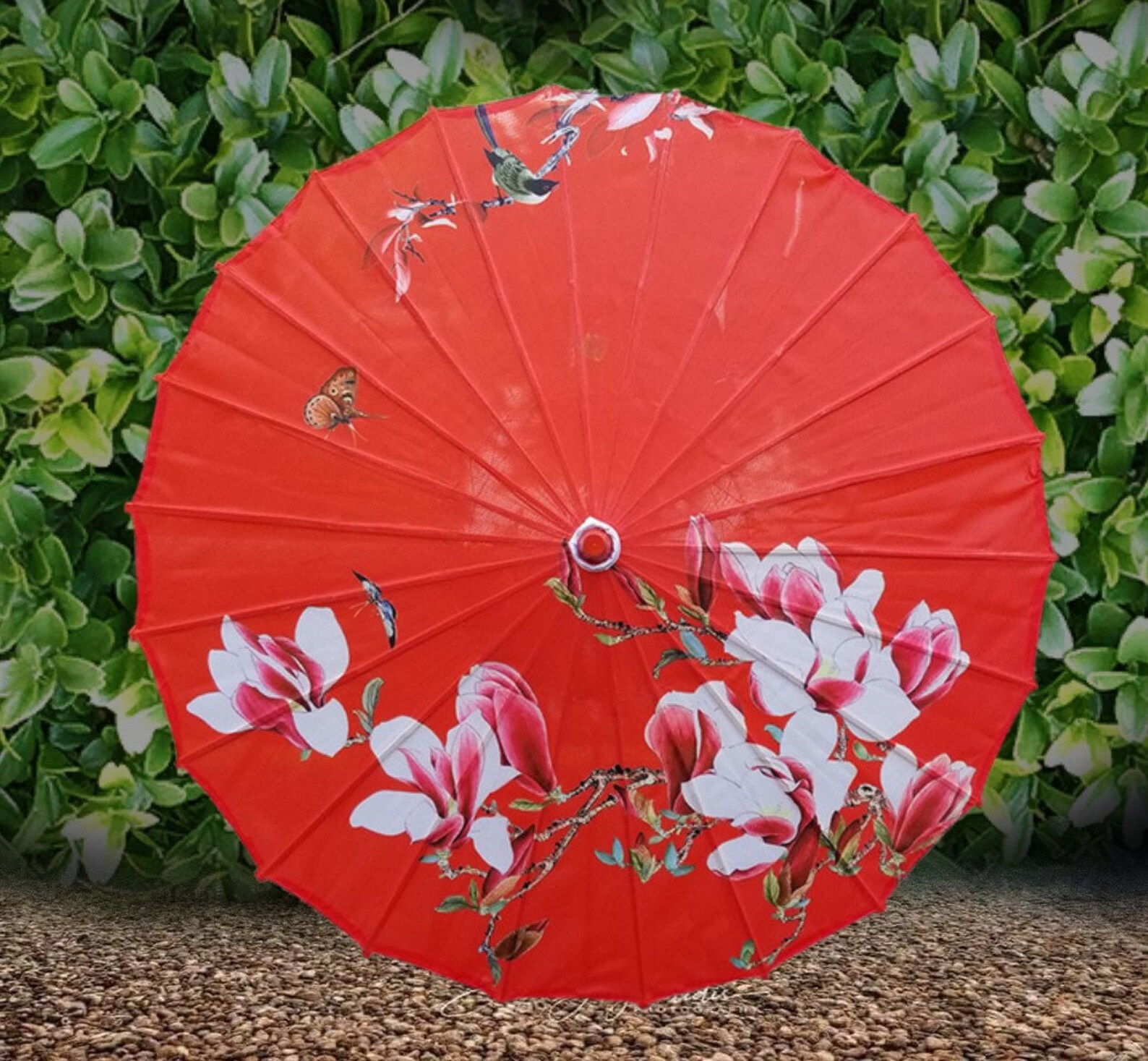 82cm Red Silk Cloth Parasol With Pionyes Vintage Handcrafted ...