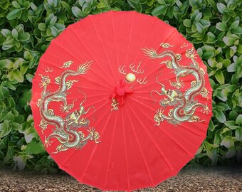 82cm Red Silk Cloth Parasol With Pionyes Vintage Handcrafted ...