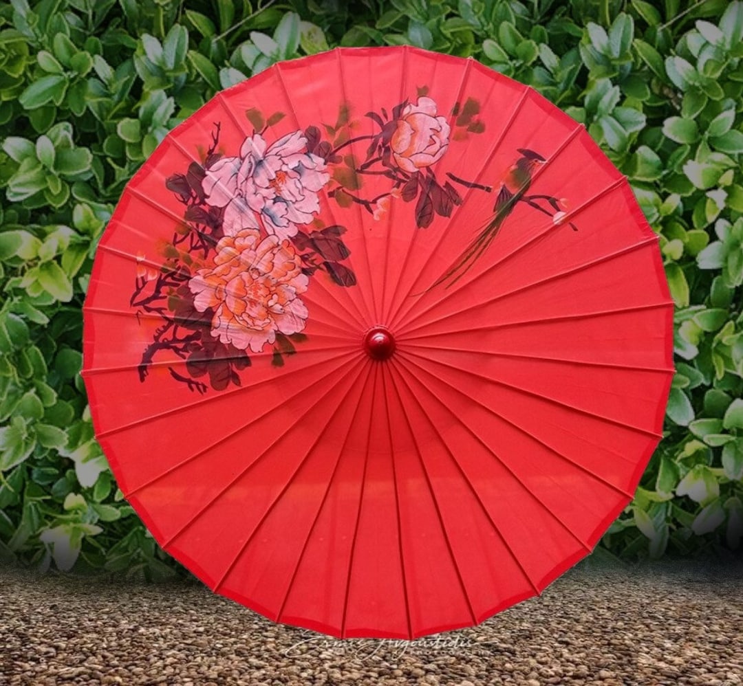 82cm Red Silk Cloth Parasol With Pionyes Vintage Handcrafted ...